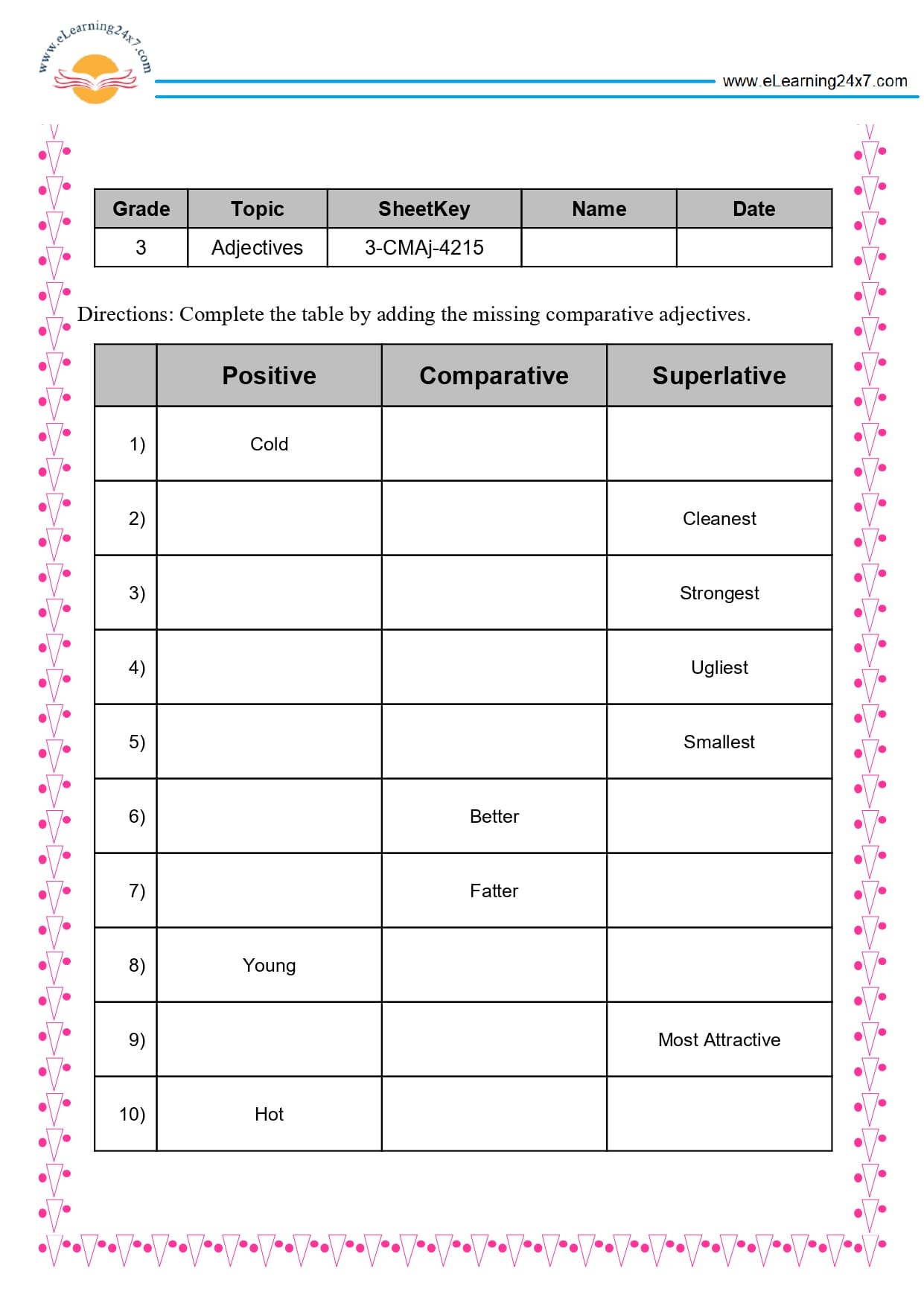 Adjectives Worksheets For Grade 3 - www.eLearning24x7.com