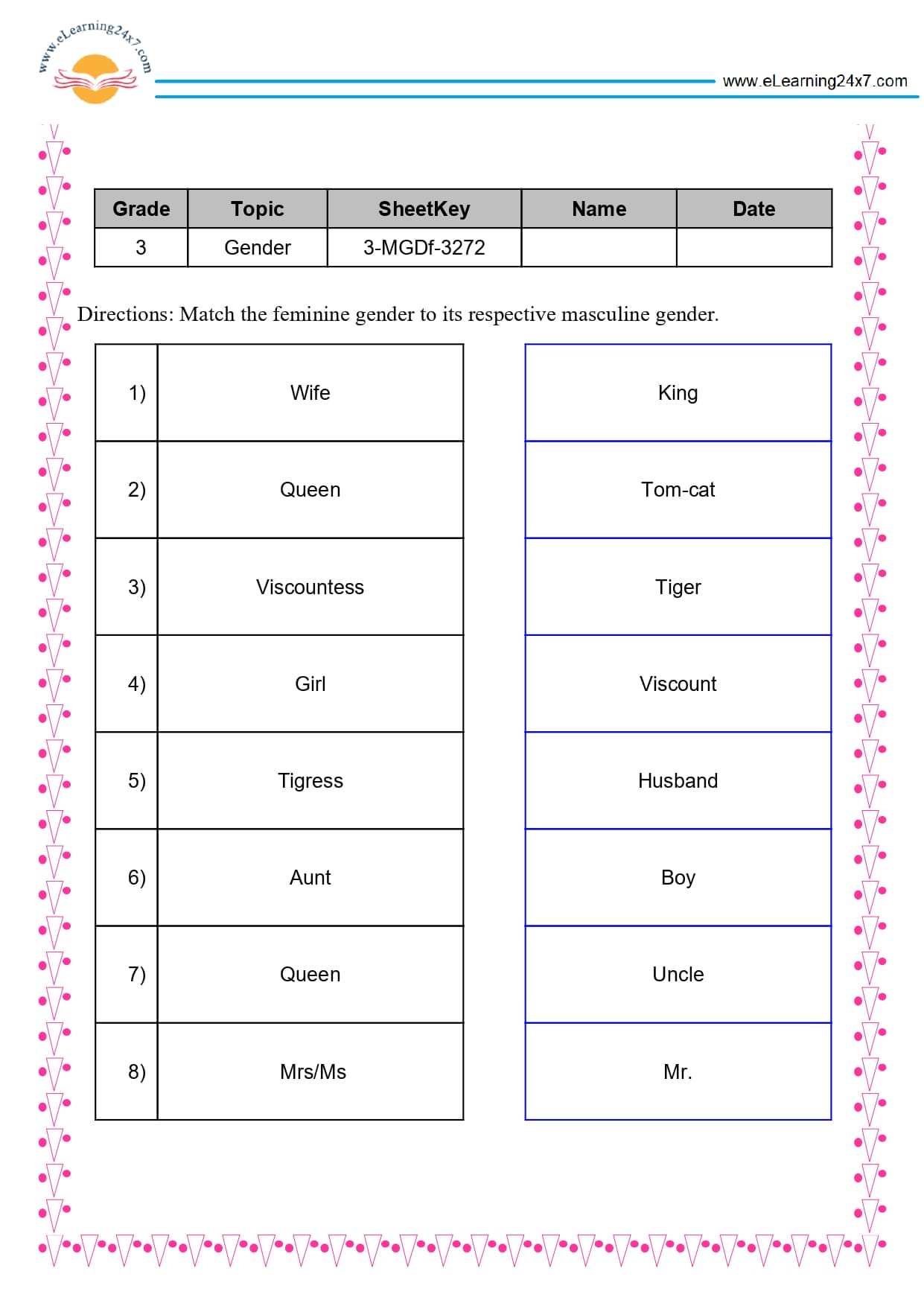 Gender Worksheets For Grade 3 - www.eLearning24x7.com