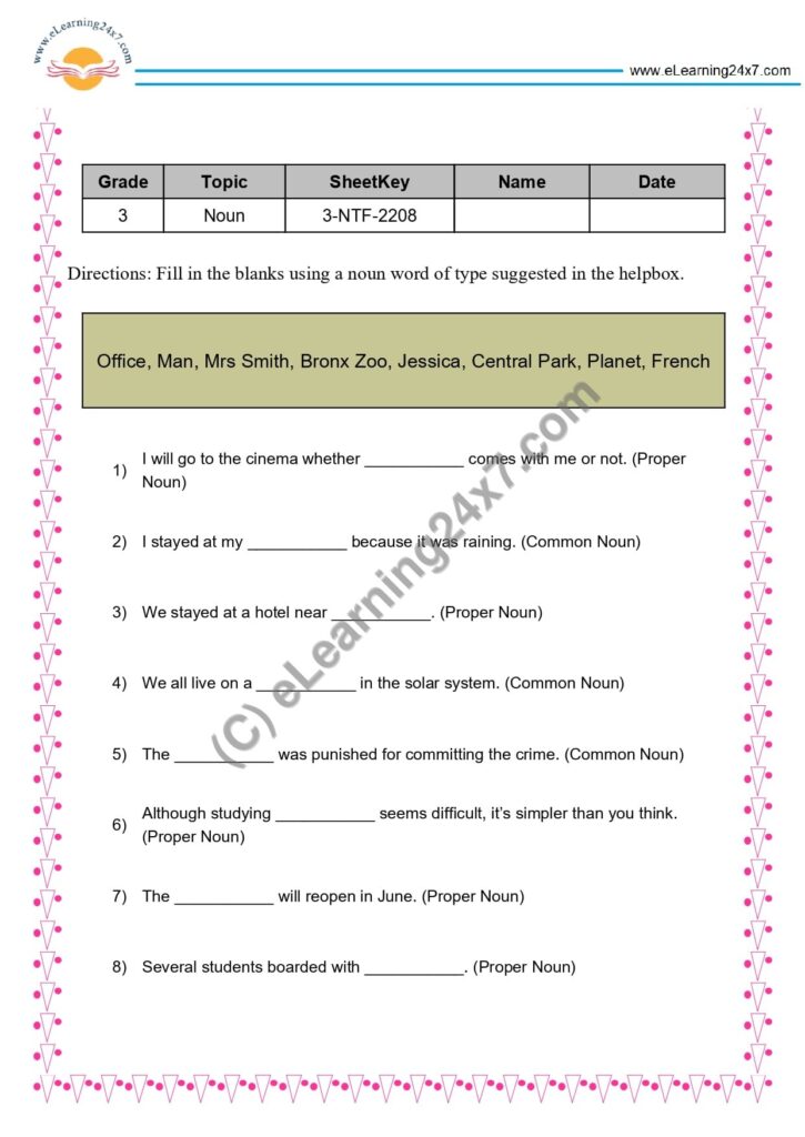 Noun Worksheets For Grade 3 - https://eLearning24x7.com