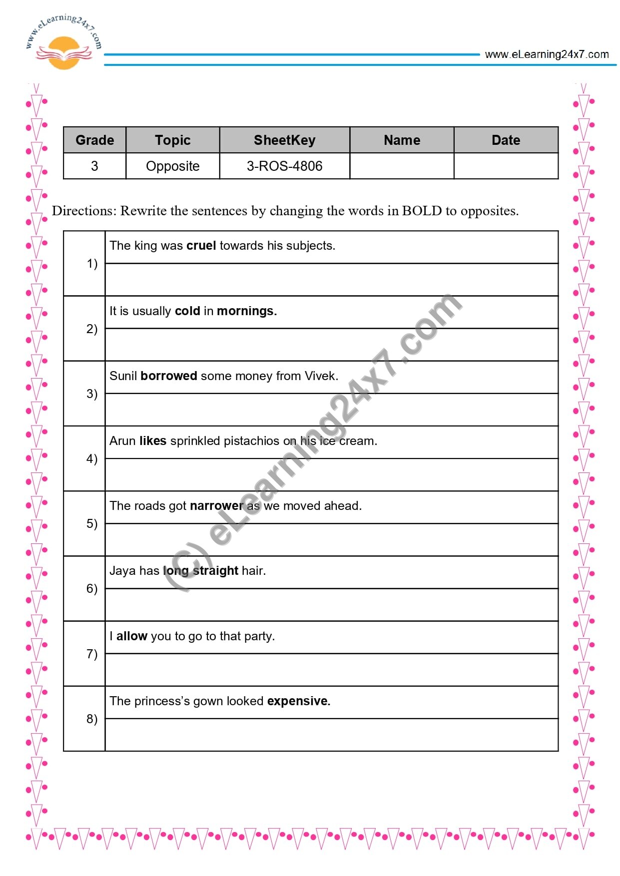 Opposite Worksheets For Grade 3 - https://eLearning24x7.com