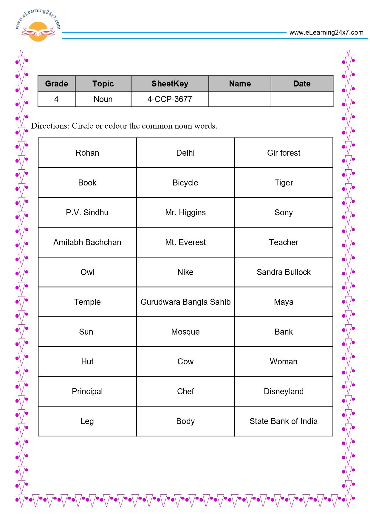 Noun Worksheets For Grade 4 - www.eLearning24x7.com