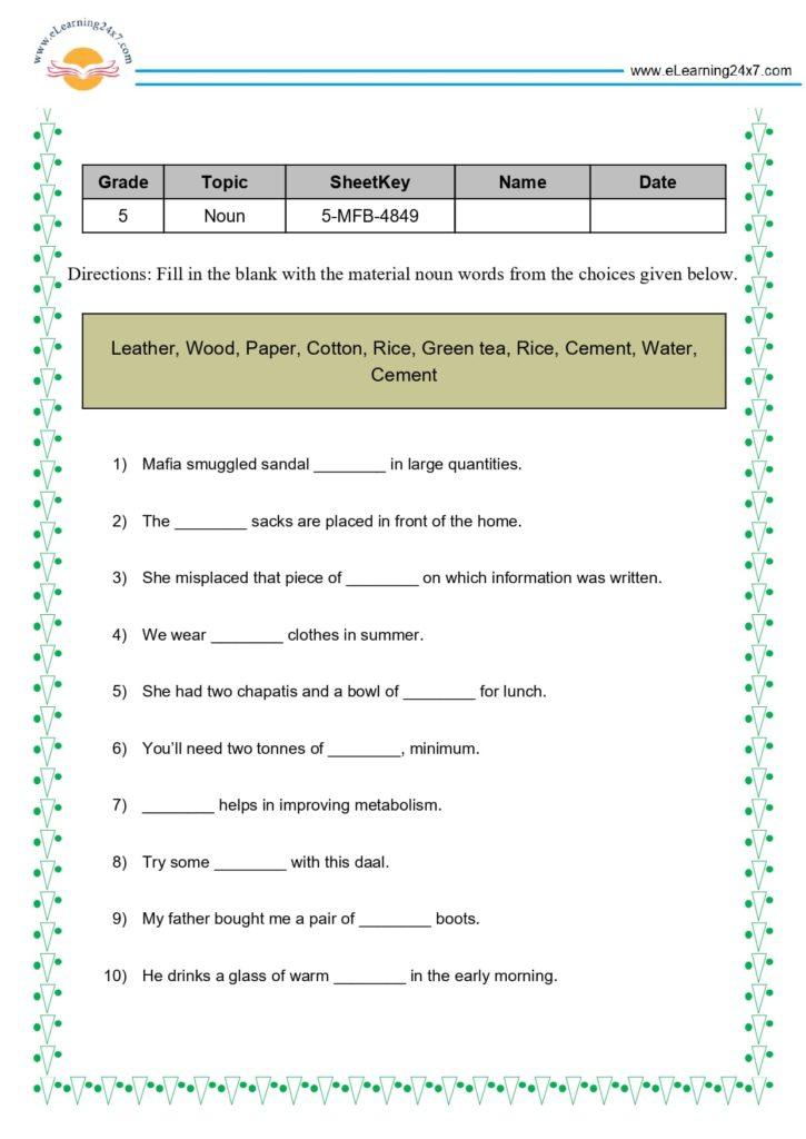 Noun Worksheets For Grade 5 - https://eLearning24x7.com