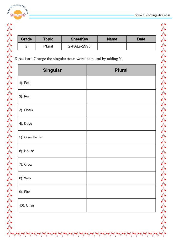 Plural Worksheets For Grade 2 - www.eLearning24x7.com