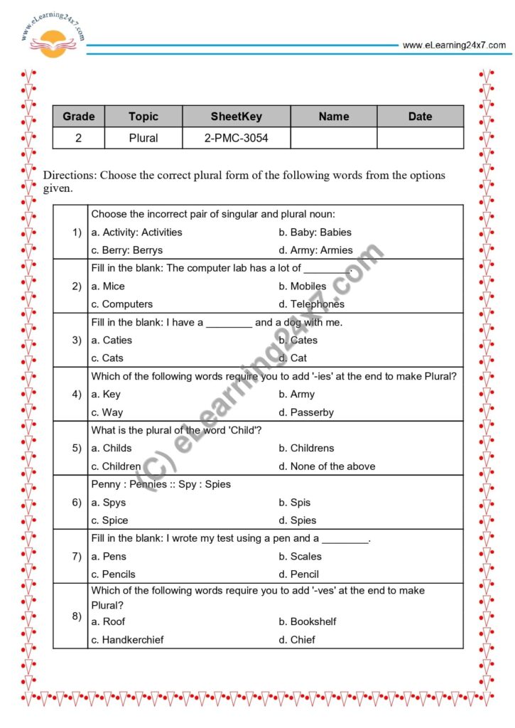 Plural Worksheets For Grade 2 - www.eLearning24x7.com