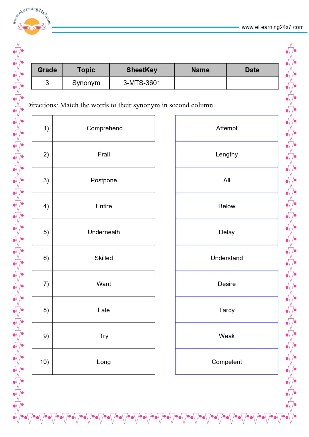 Synonyms Worksheets For Grade 3 - https://eLearning24x7.com