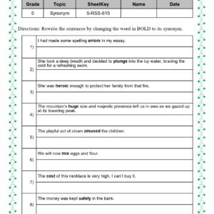 Synonyms Worksheets For Grade 5 - https://eLearning24x7.com