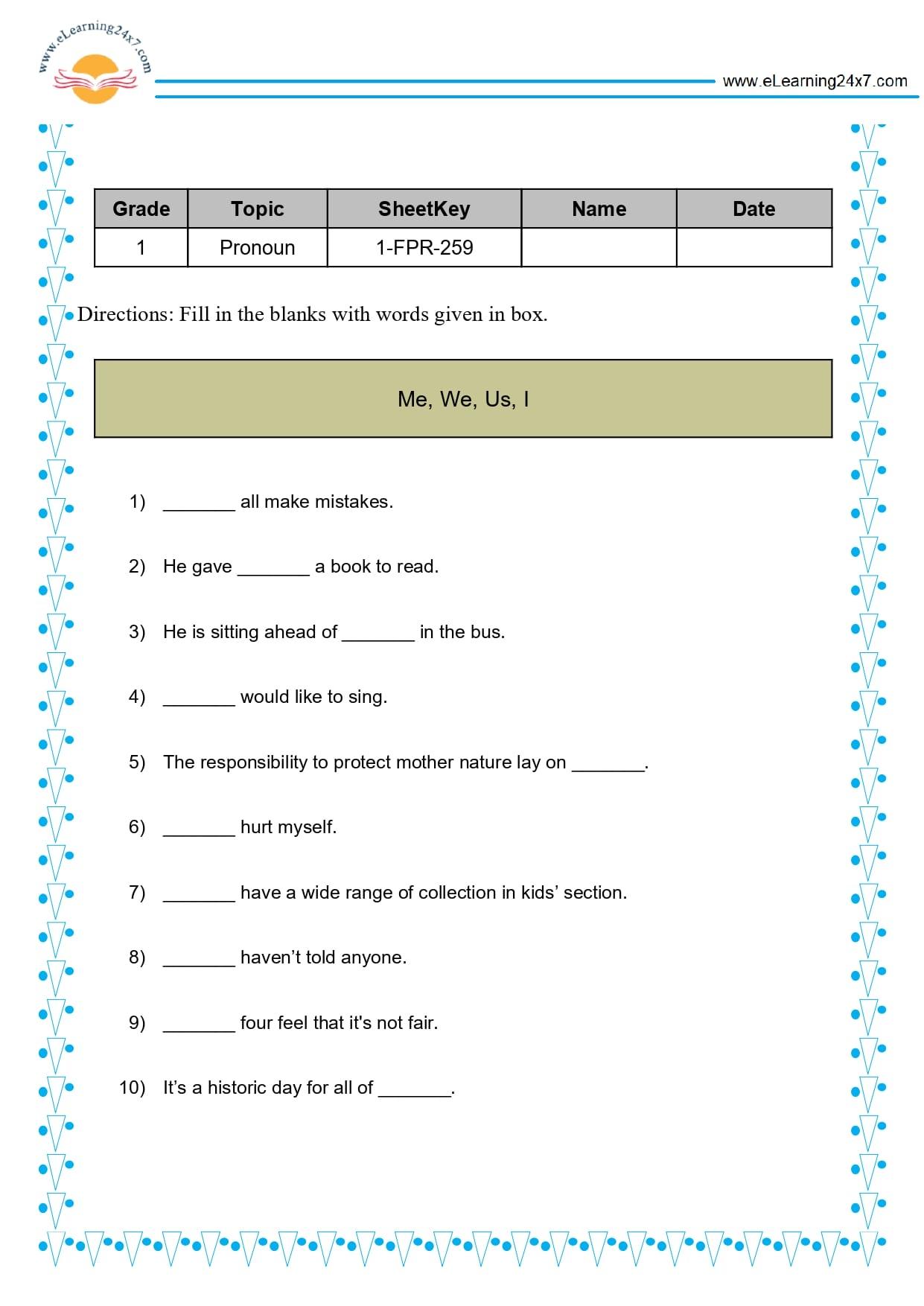 Pronoun Fill The Blanks - https://eLearning24x7.com