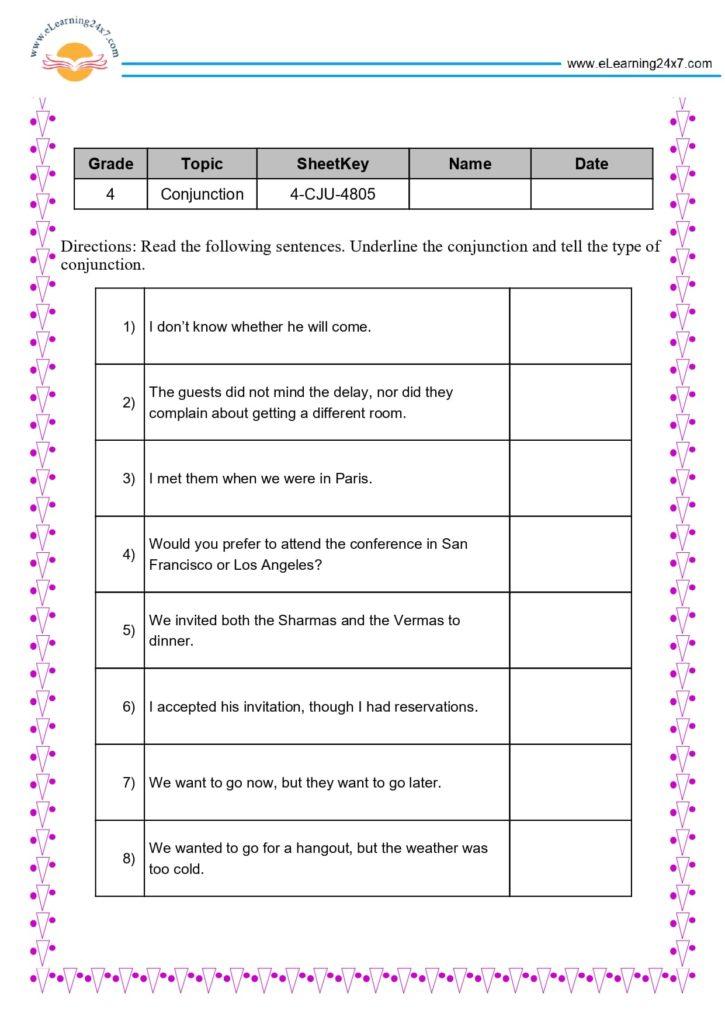 Conjunction Worksheets For Grade 4 - www.eLearning24x7.com