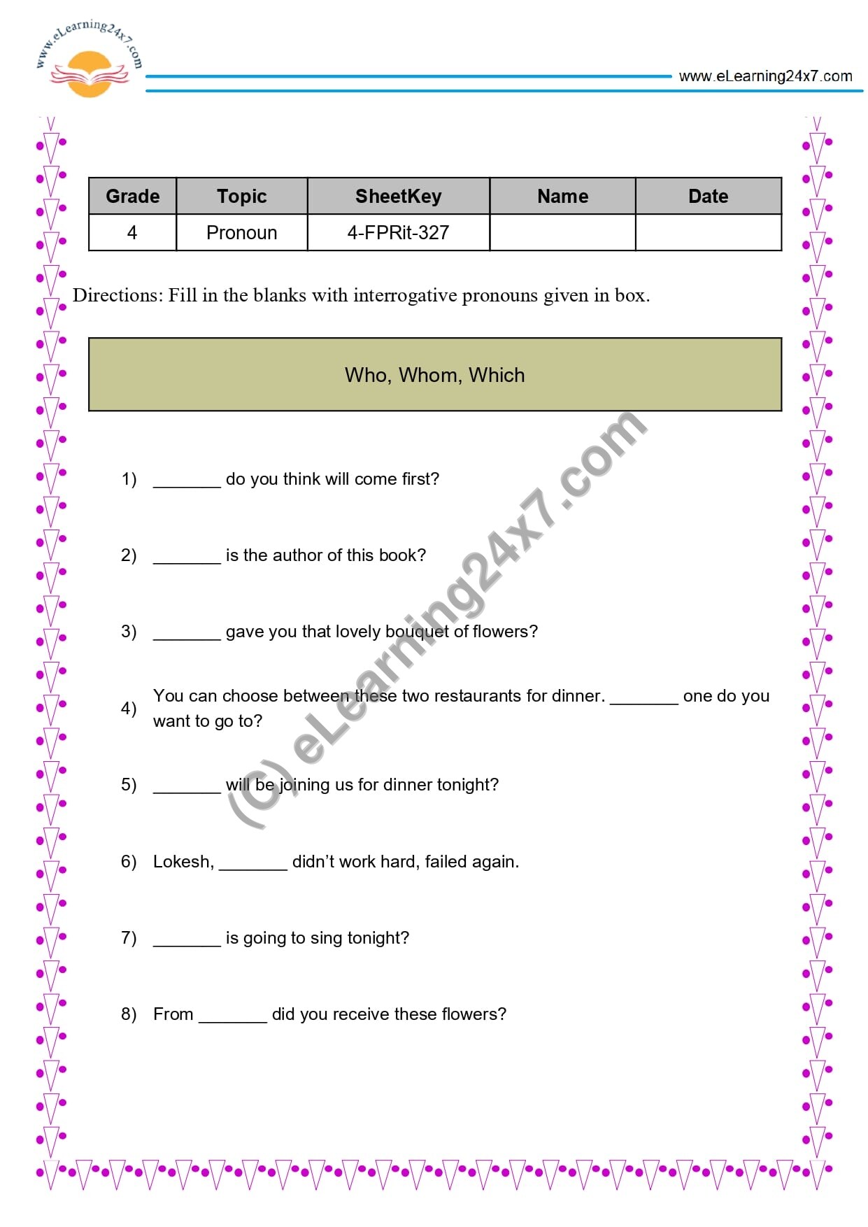 Interrogative Pronoun Fill Blanks - https://eLearning24x7.com