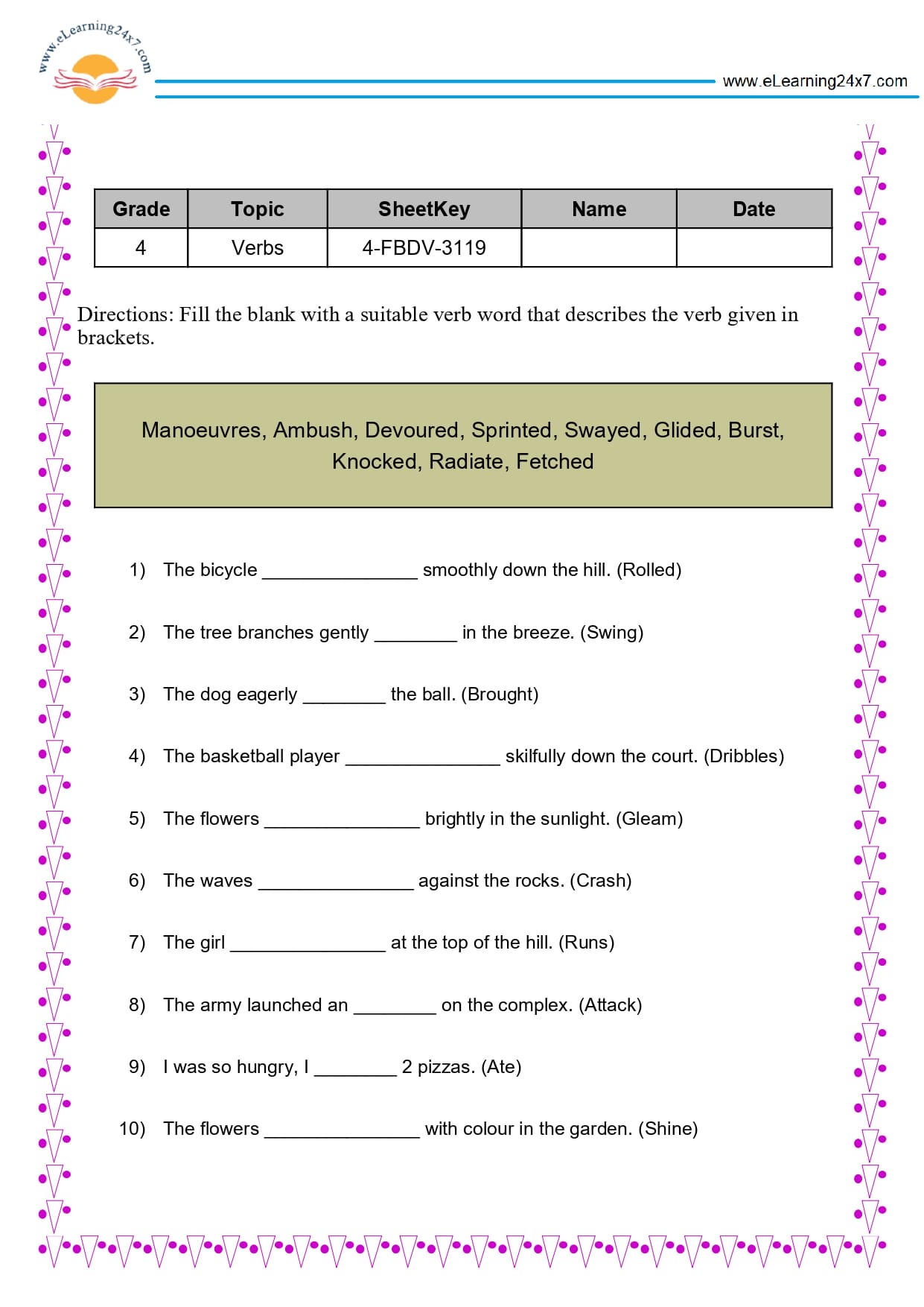 Verbs Worksheets For Grade 4 - https://eLearning24x7.com