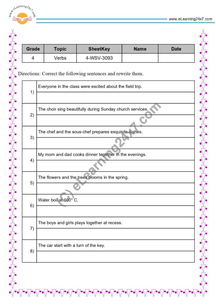Verbs Worksheets For Grade 4 - https://eLearning24x7.com