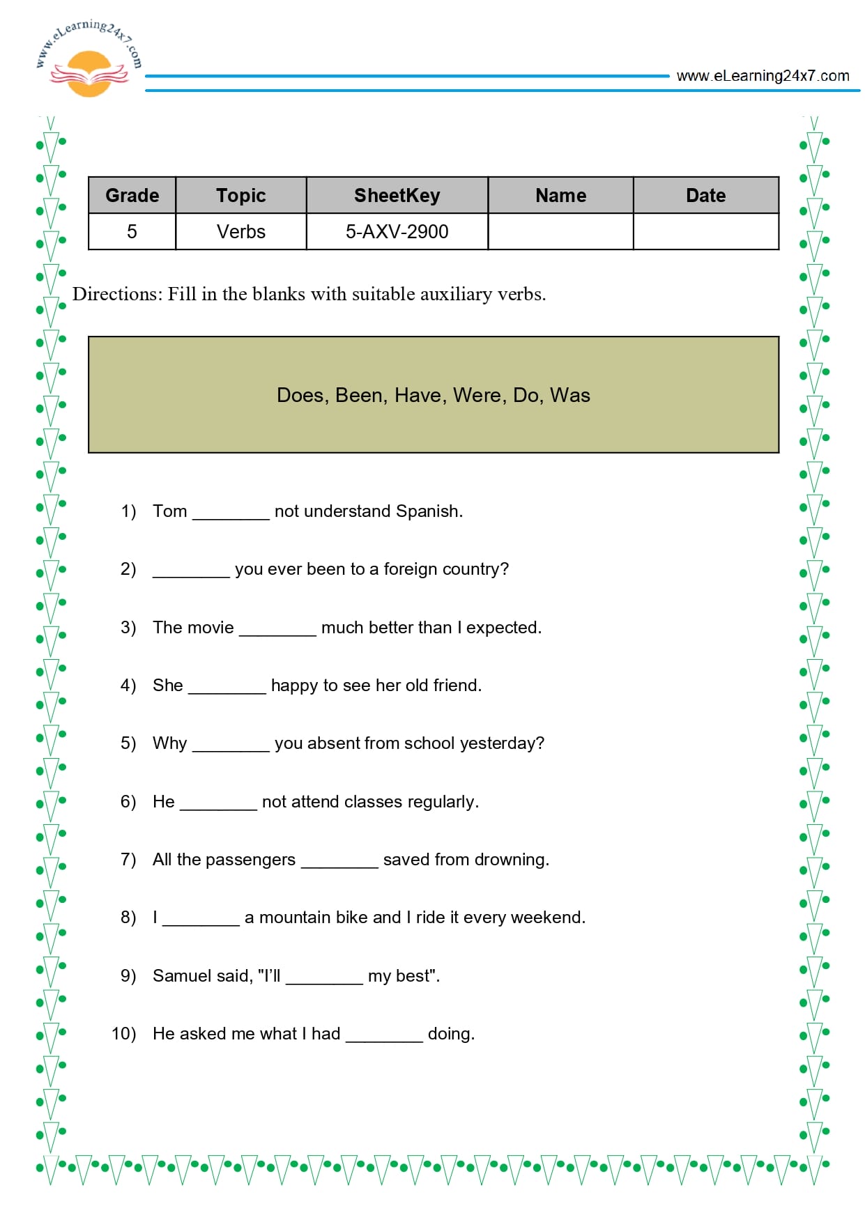 Verbs Worksheets For Grade 5 - https://eLearning24x7.com