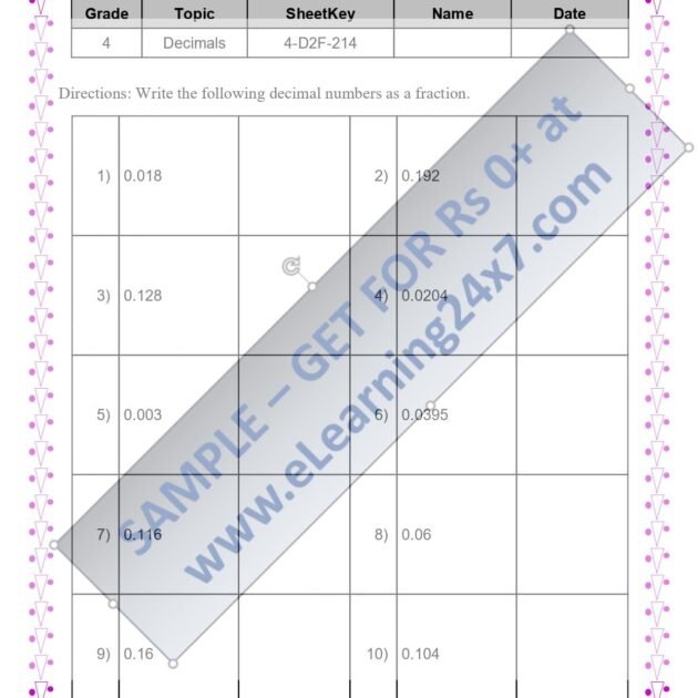 Decimals Worksheets For Grade 4 - https://eLearning24x7.com