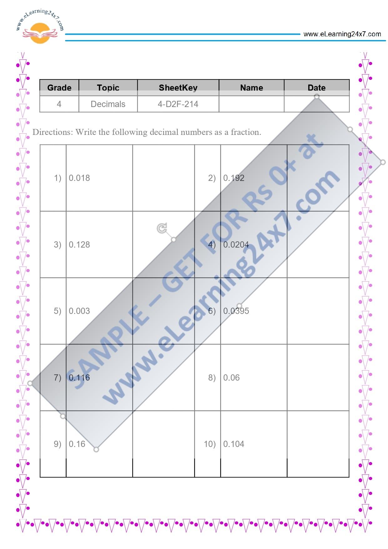 Decimals Worksheets For Grade 4 - https://eLearning24x7.com