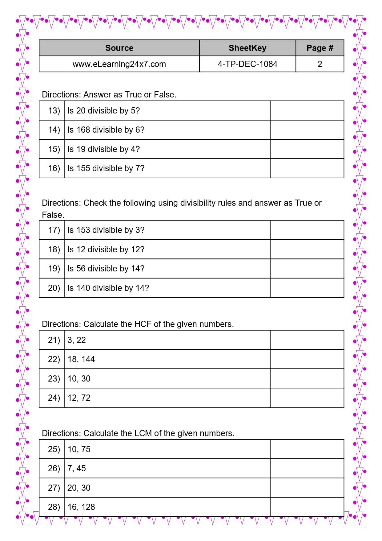 Factors And Multiples Mock Test Paper - https://eLearning24x7.com