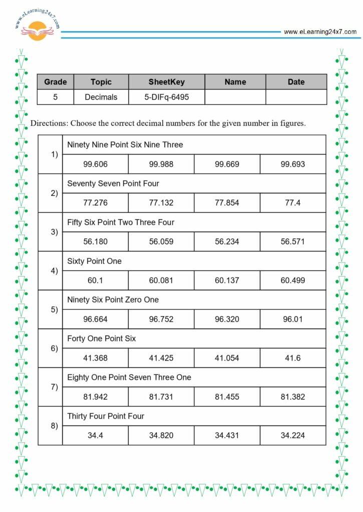 Decimals Worksheets For Grade 5 - www.eLearning24x7.com