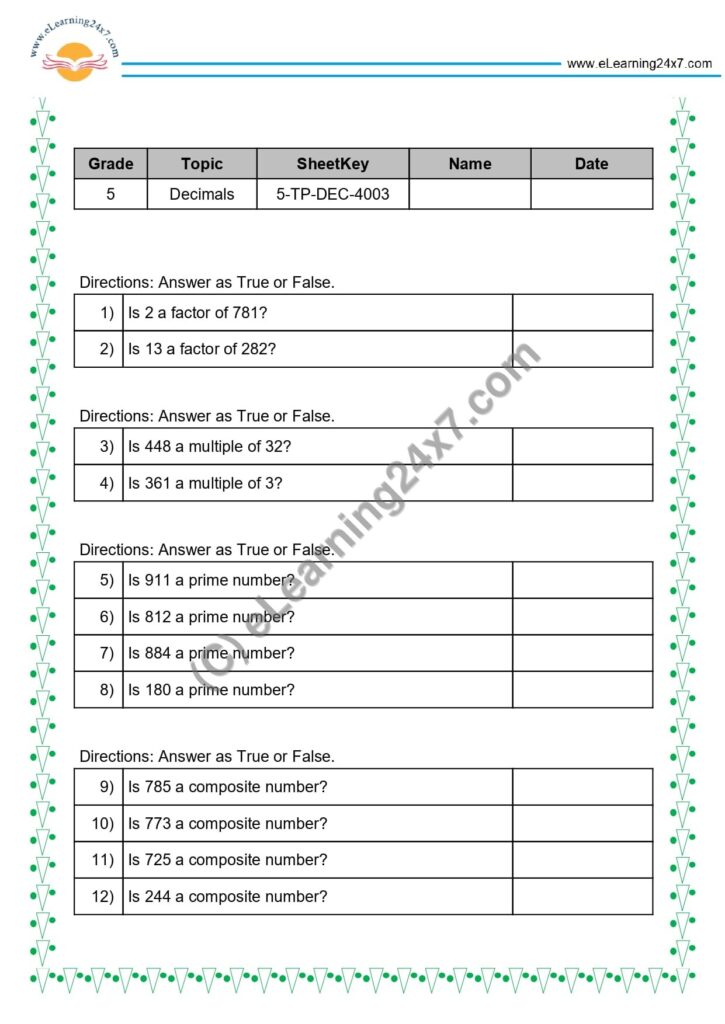 Factors & Multiples Worksheets For Grade 5 - https://eLearning24x7.com