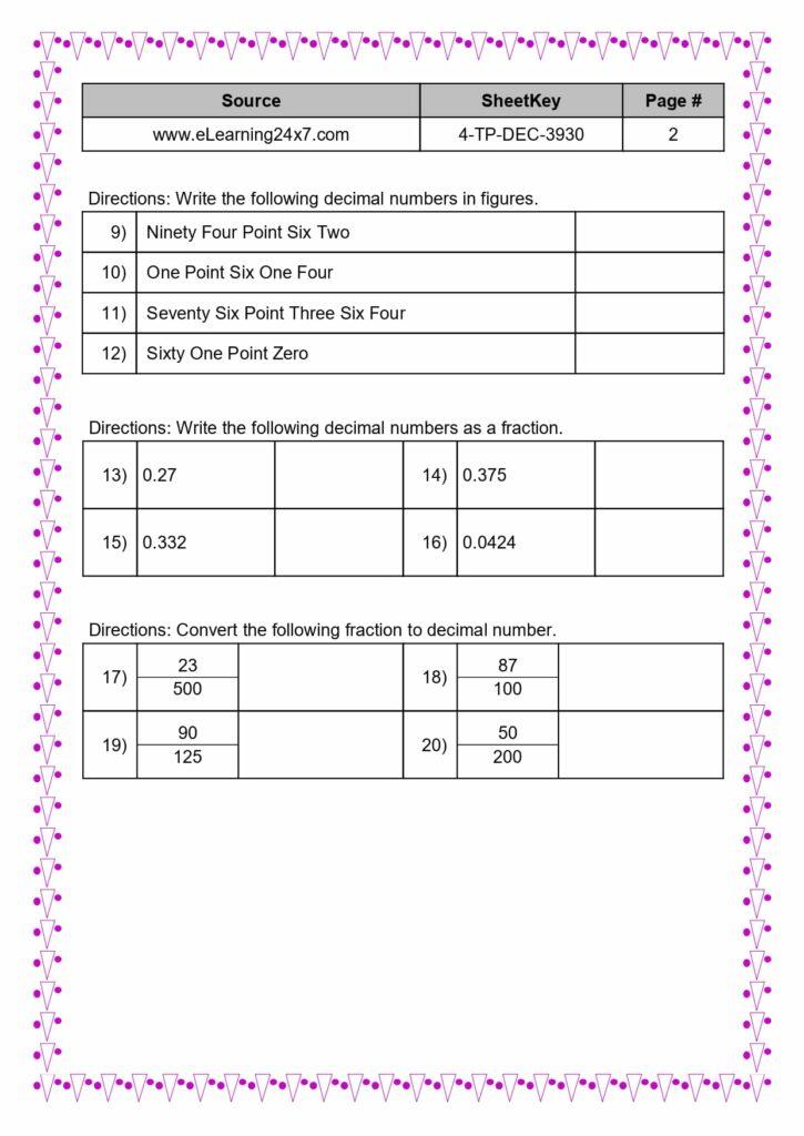 Decimals Mock Test Paper - www.eLearning24x7.com