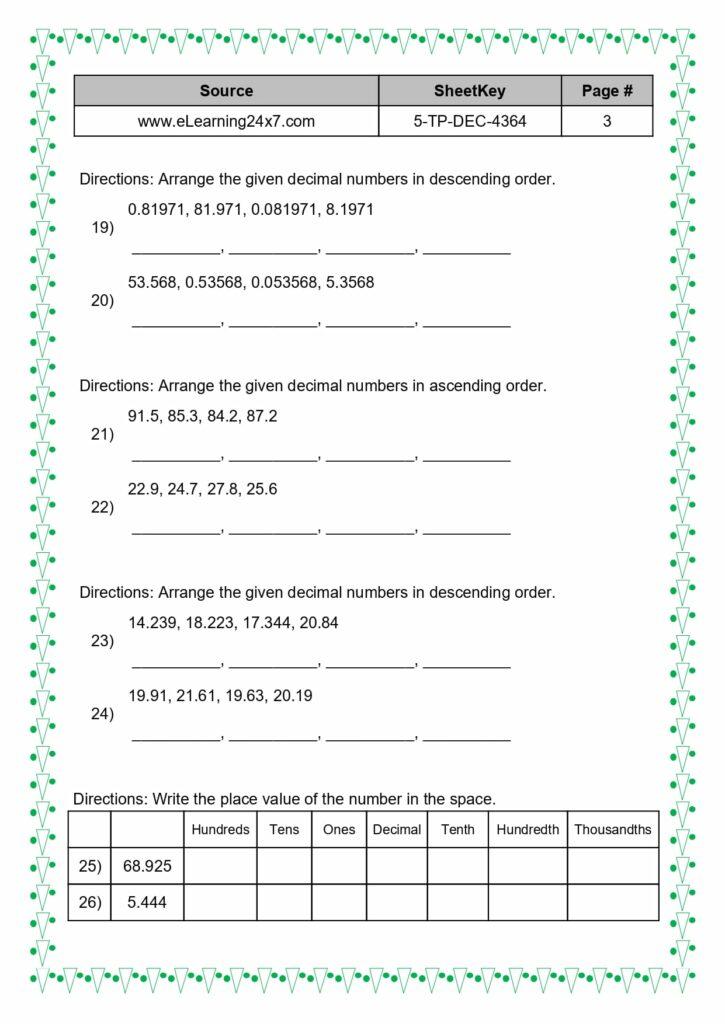 Decimals Mock Test Paper : Math Ops - https://eLearning24x7.com